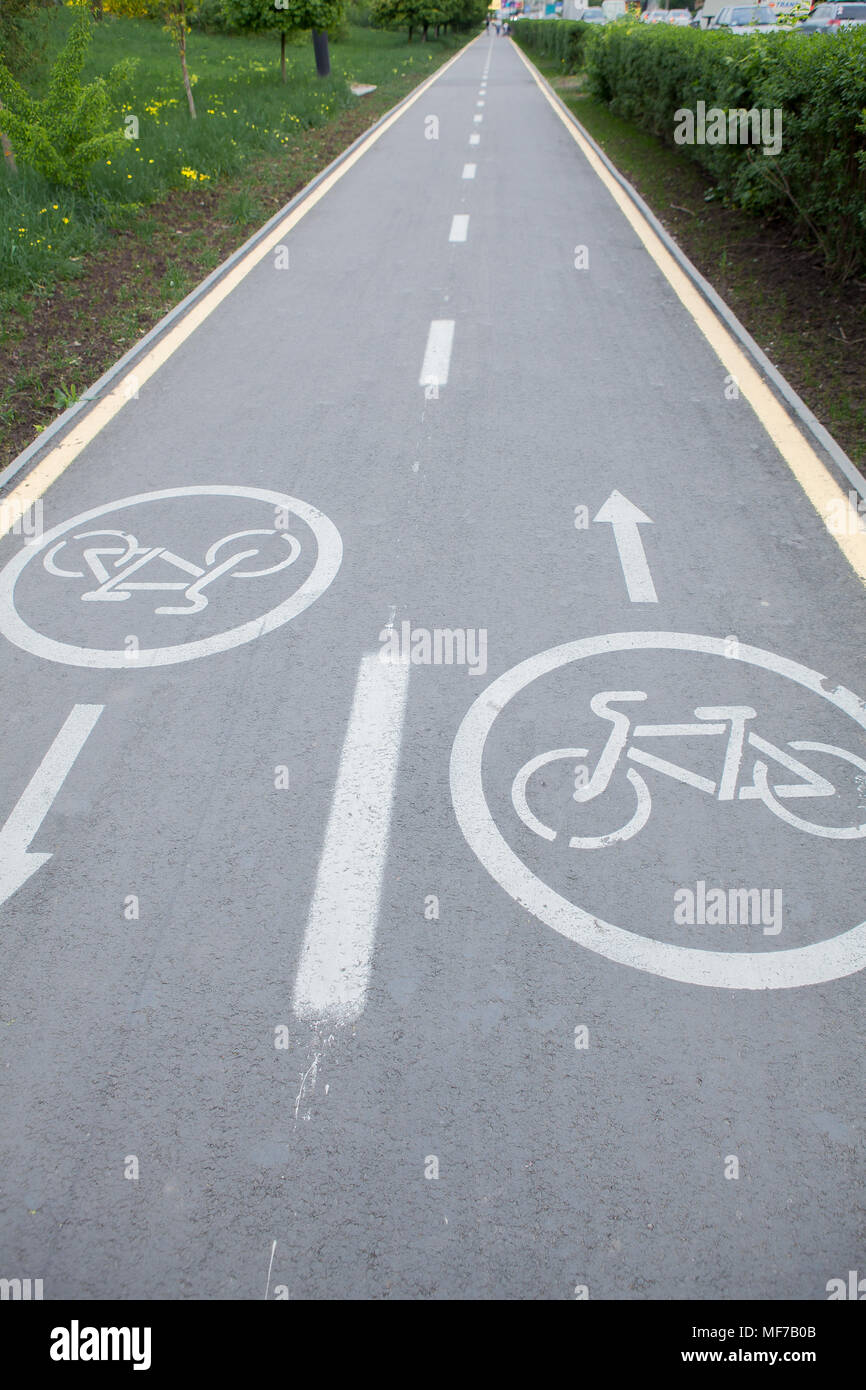 Painted signs on asphalt for bicycle dedicated lanes. A separate bike ...