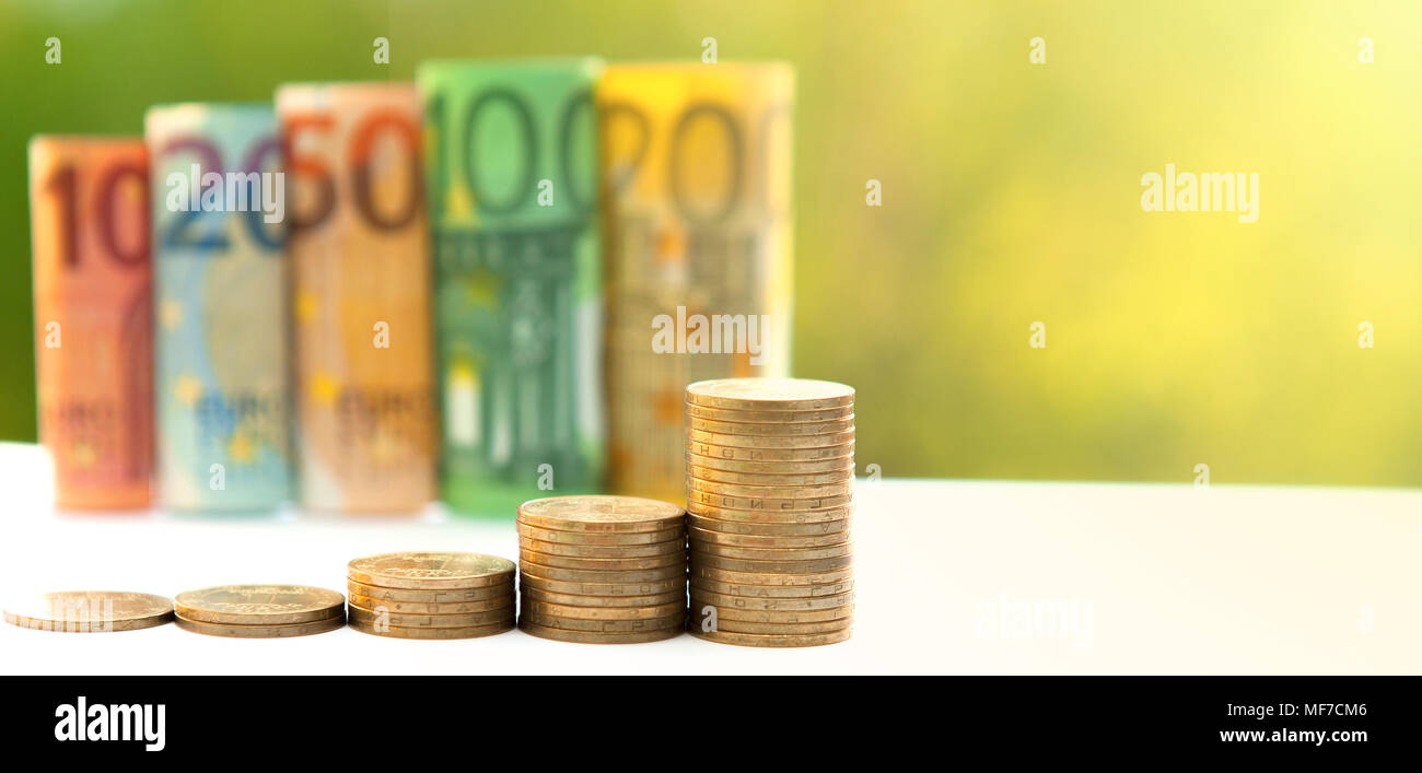 Ten, twenty, fifty, one hundred, two hundred and coins euro rolled ...