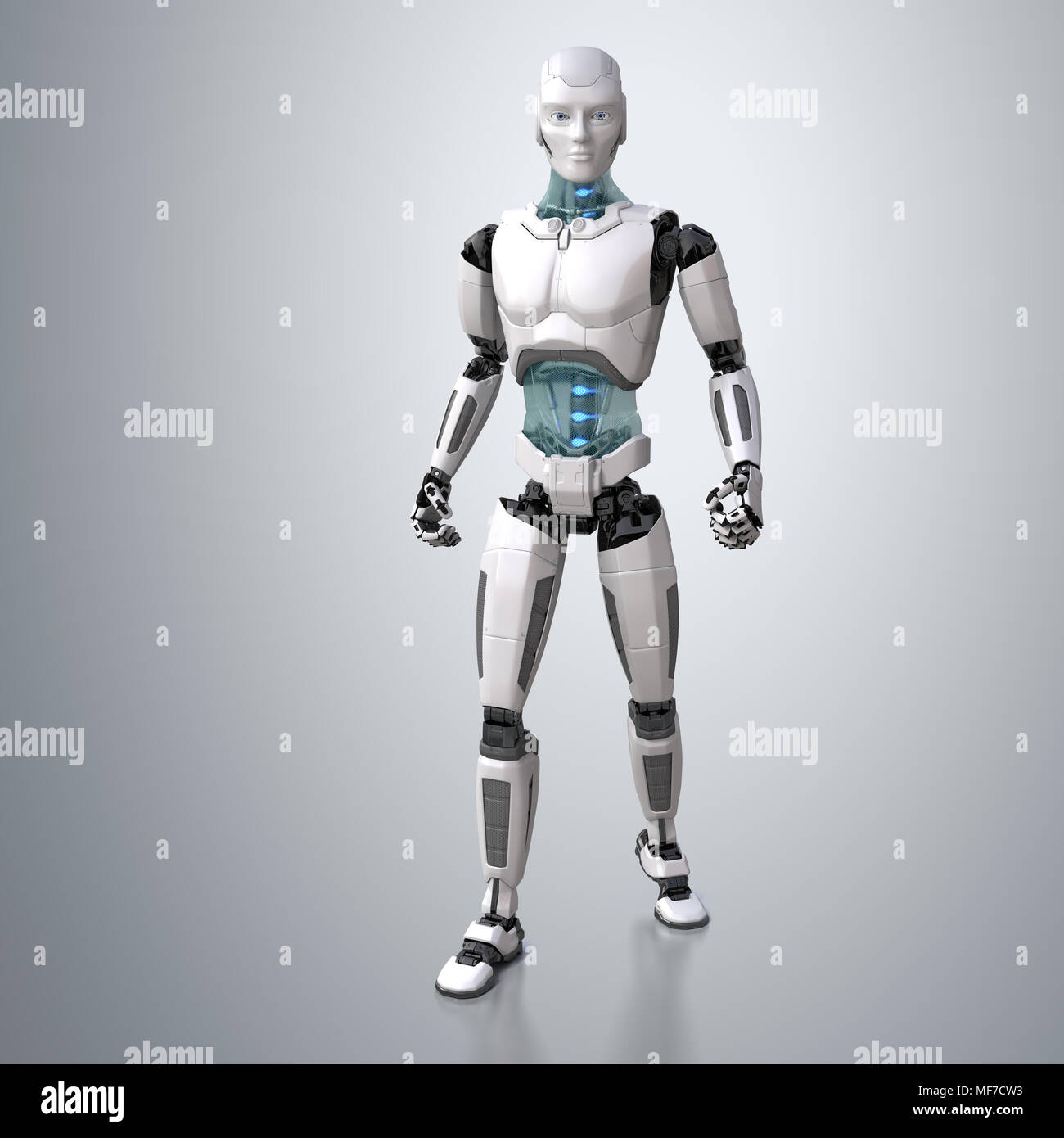 Robot android posing on a light gray background. 3D illustration Stock ...