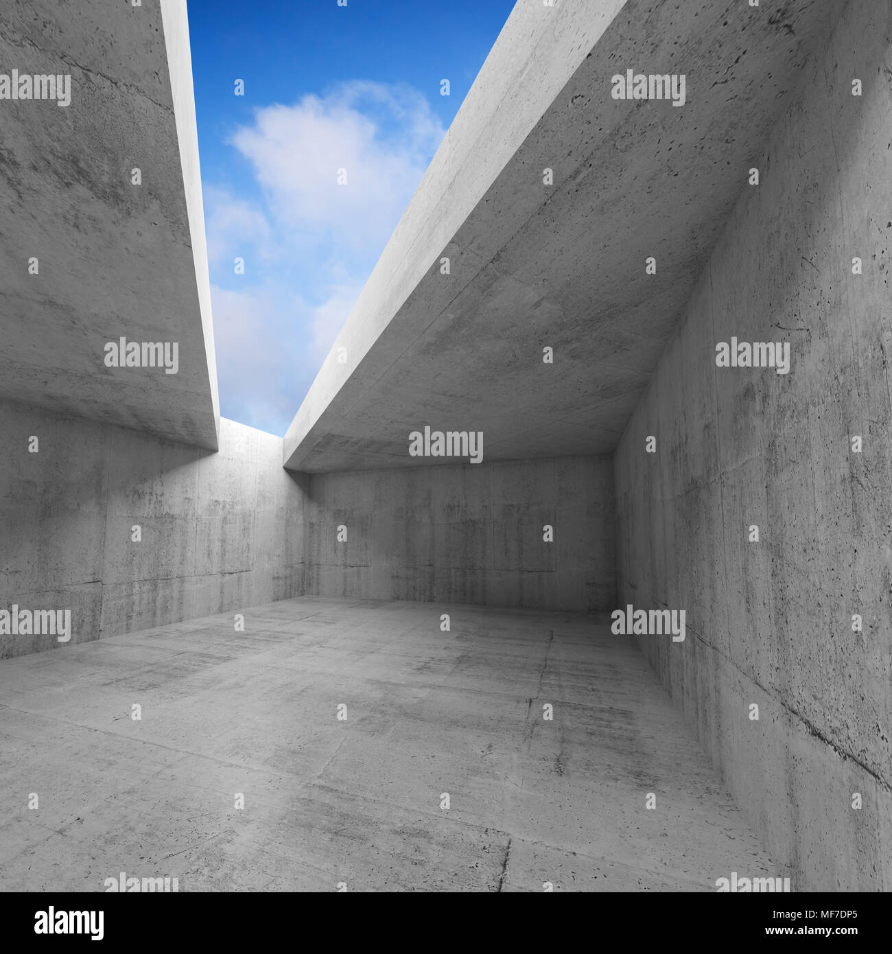 Empty room, concrete walls and blue sky in ceiling opening. Abstract ...
