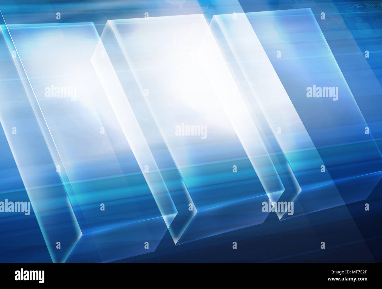 Three virtual transparent boxes on blue background with light rays ...