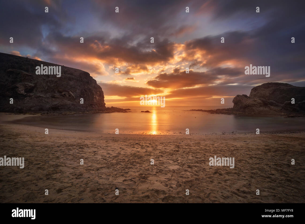 Spain, Canary Islands, Lanzarote, Sunset at Papagayo beach Stock Photo ...