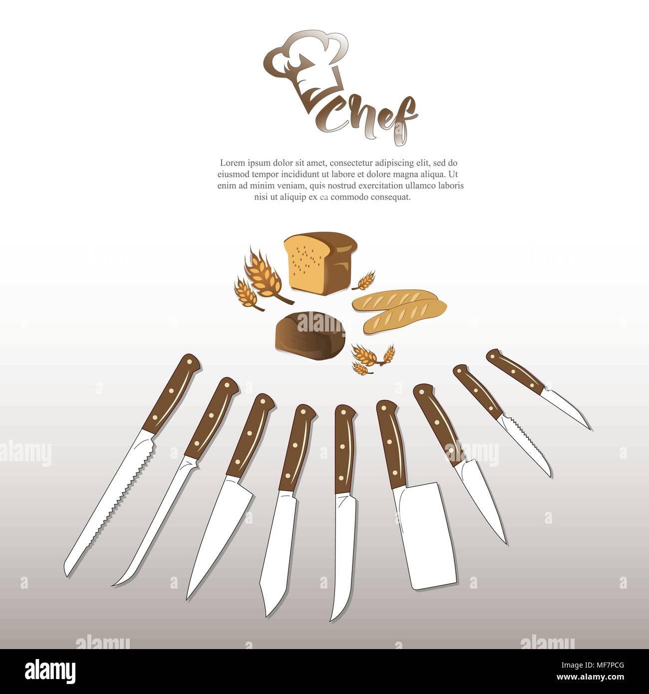 Illustration of a set of kitchen knives and bread products Stock Vector ...