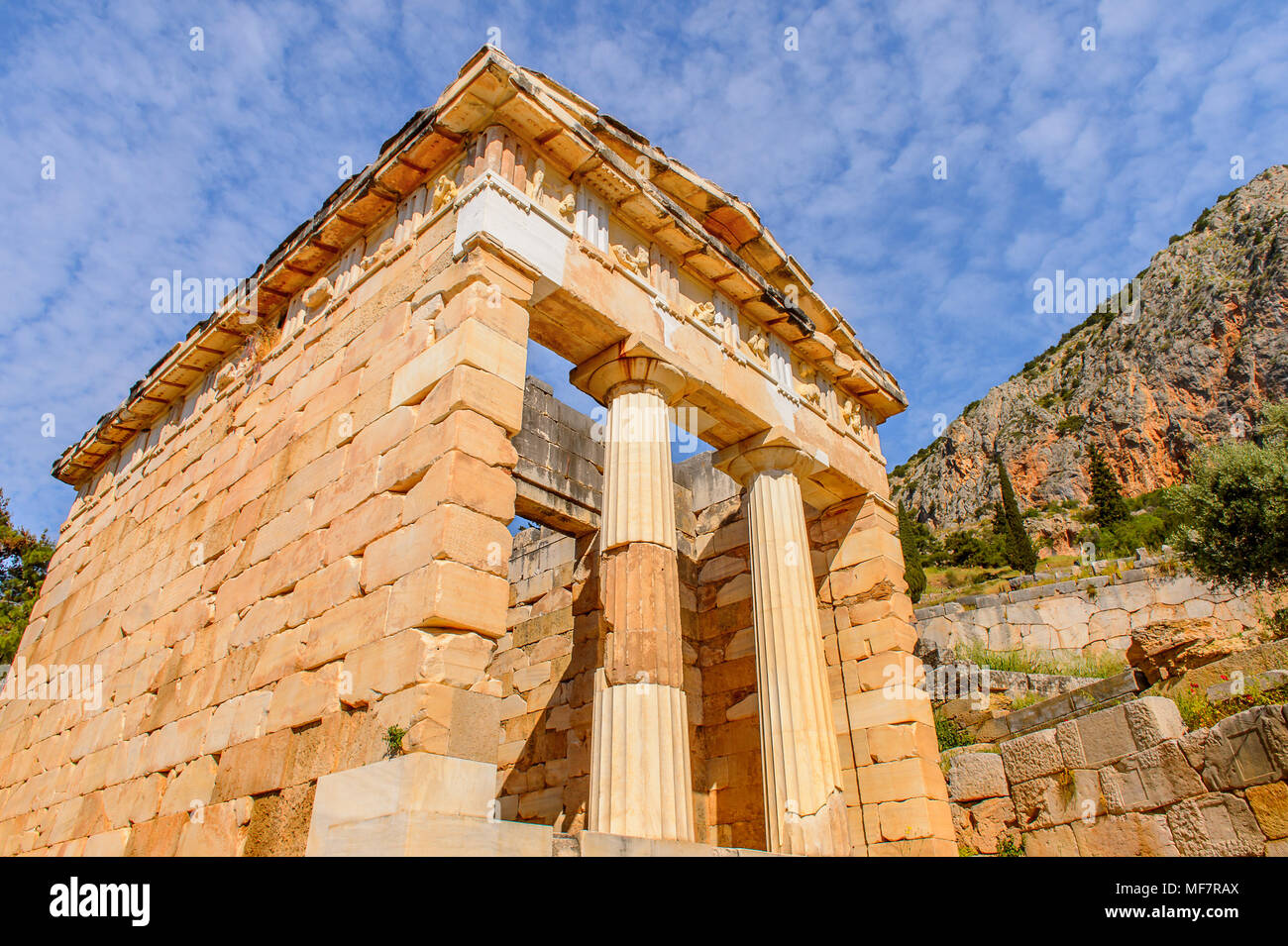 Athenian Treasury in Delphi, an archaeological site in Greece, at the ...