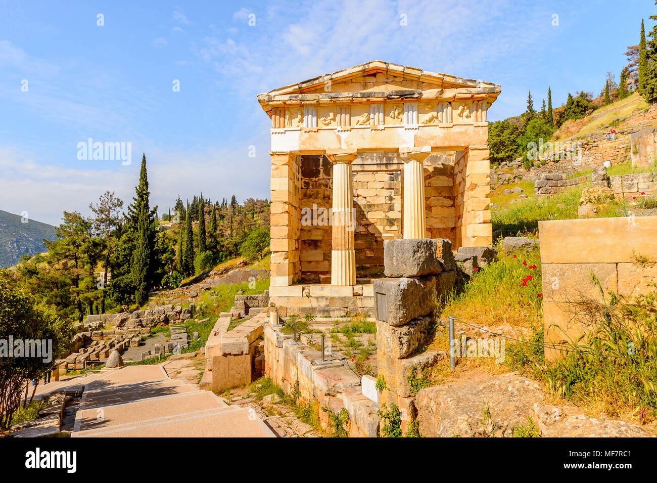 Athenian Treasury in Delphi, an archaeological site in Greece, at the ...