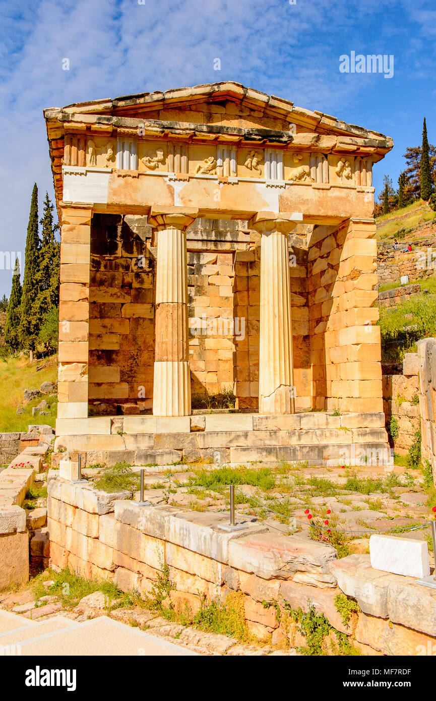 Athenian Treasury in Delphi, an archaeological site in Greece, at the ...