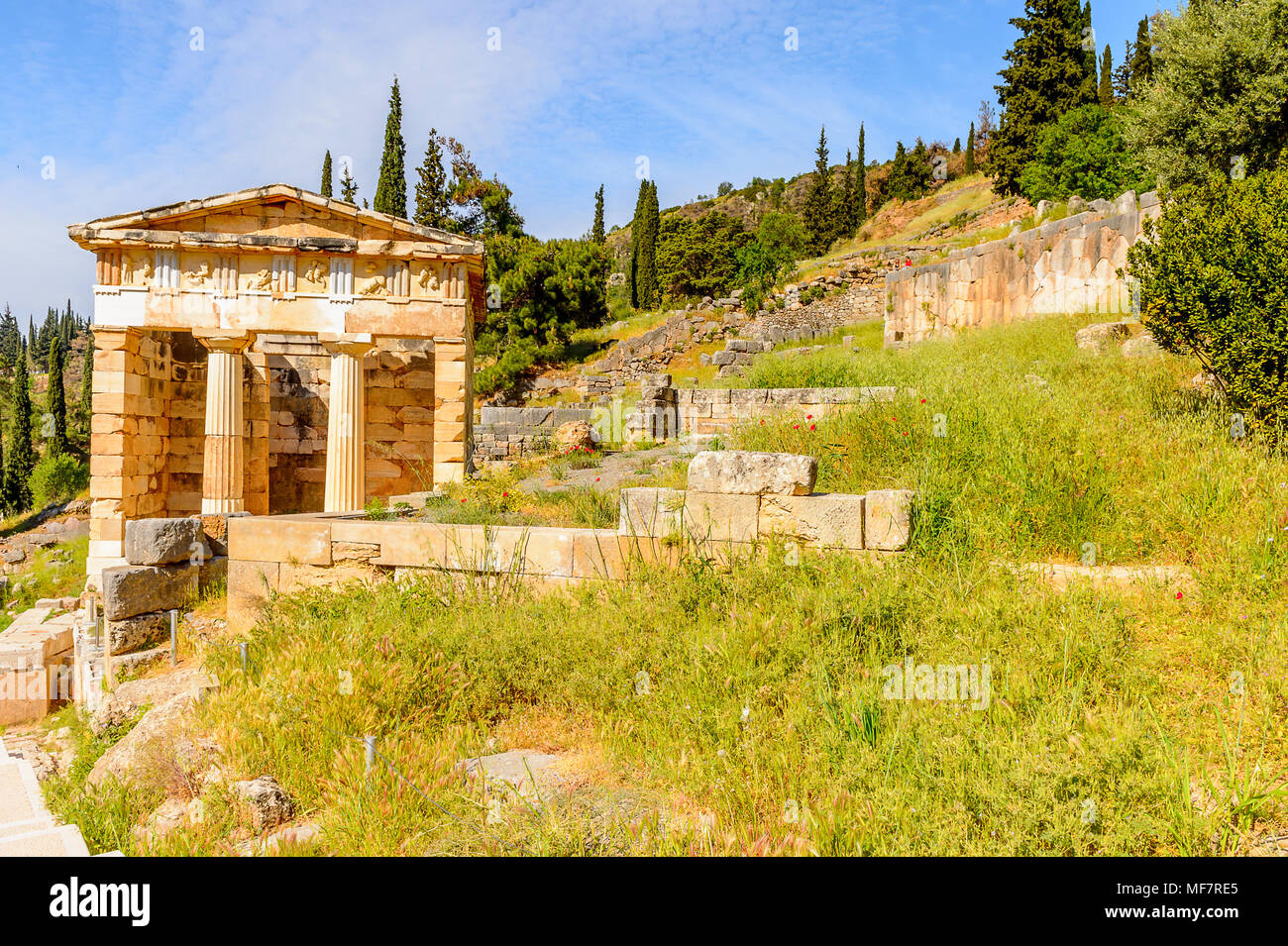 Athenian Treasury in Delphi, an archaeological site in Greece, at the ...