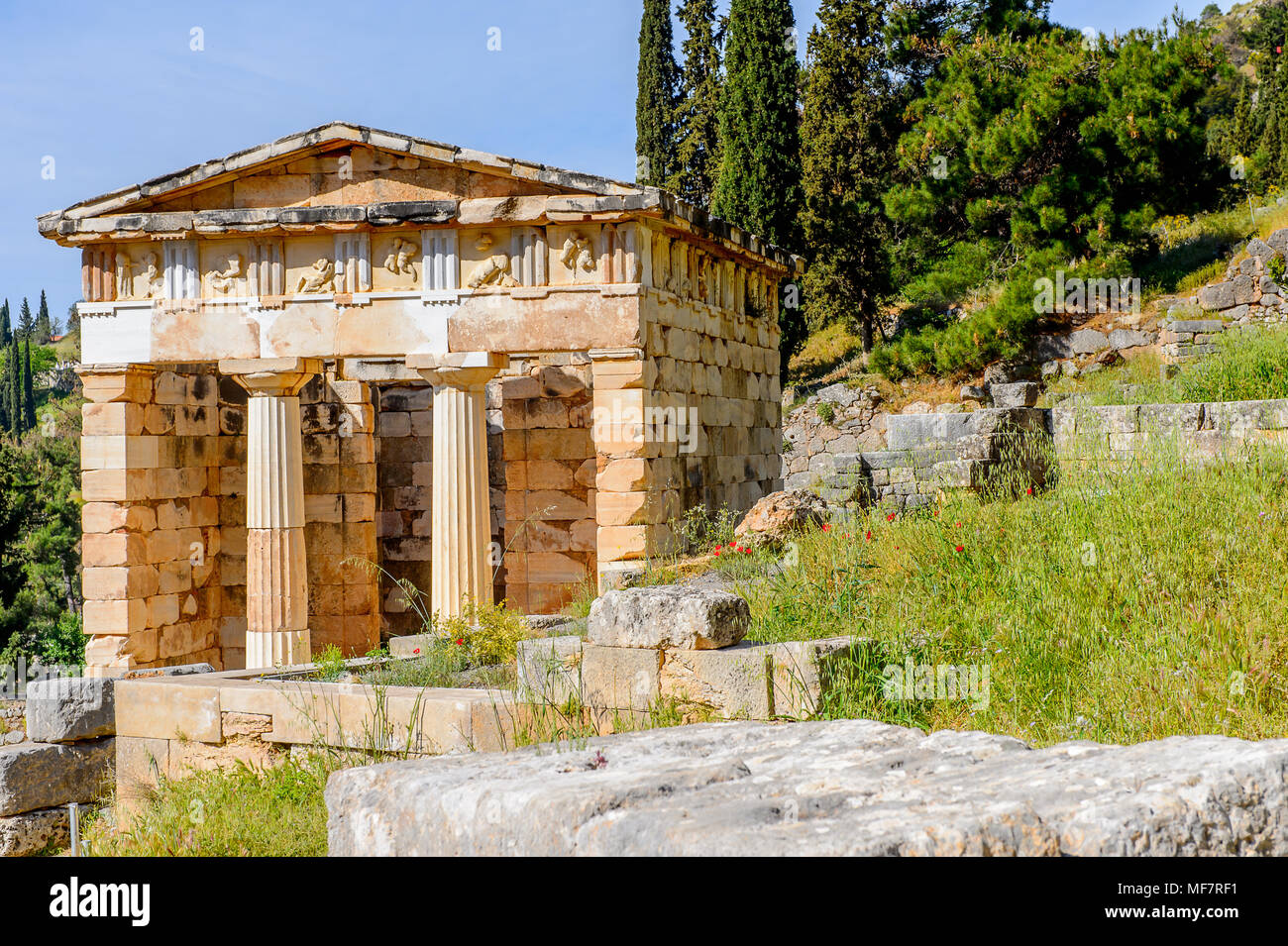 Athenian Treasury in Delphi, an archaeological site in Greece, at the ...