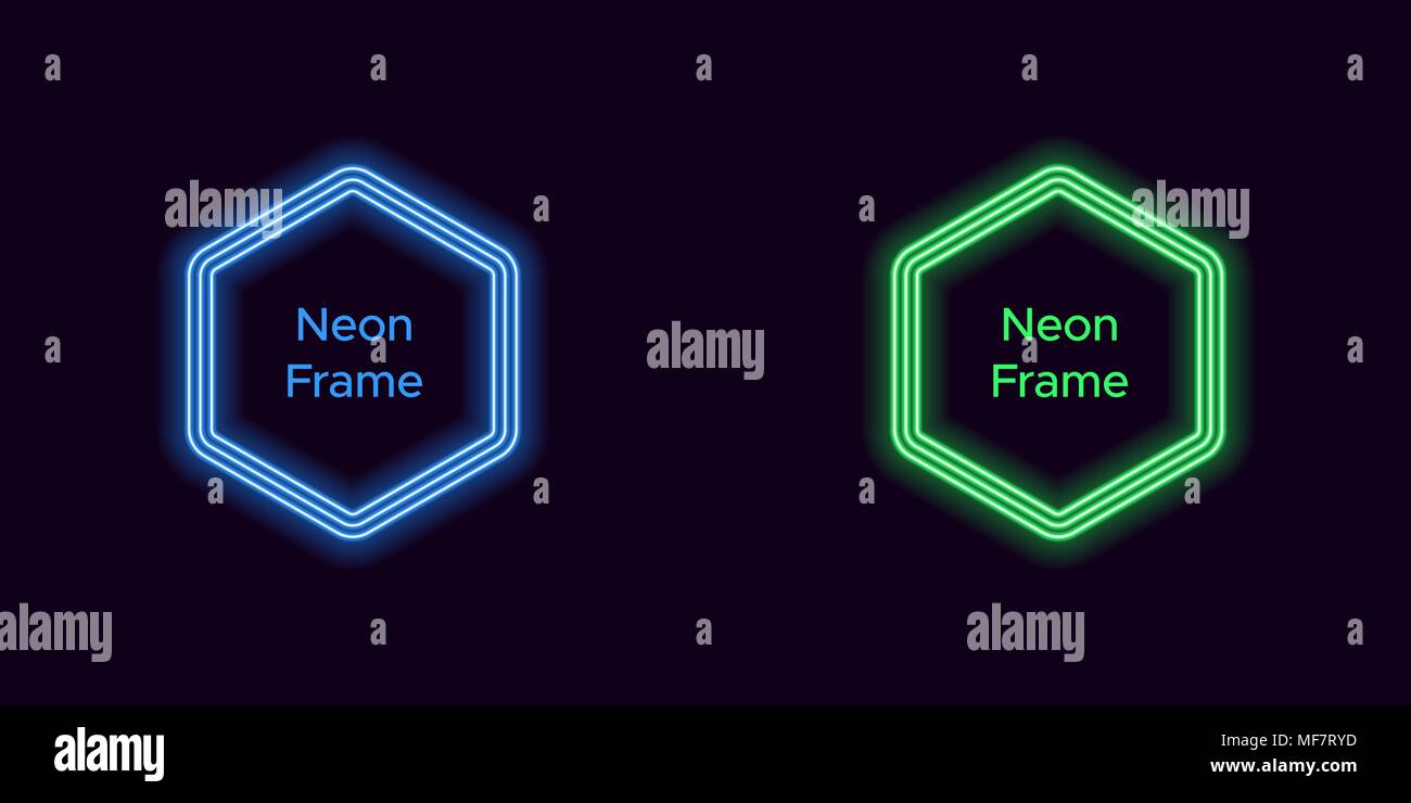 Neon hexagon frame in blue and green color. Vector template of neon ...
