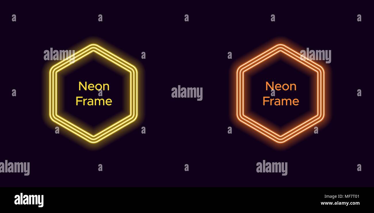 Neon hexagon frame in yellow and orange color. Vector template of neon ...
