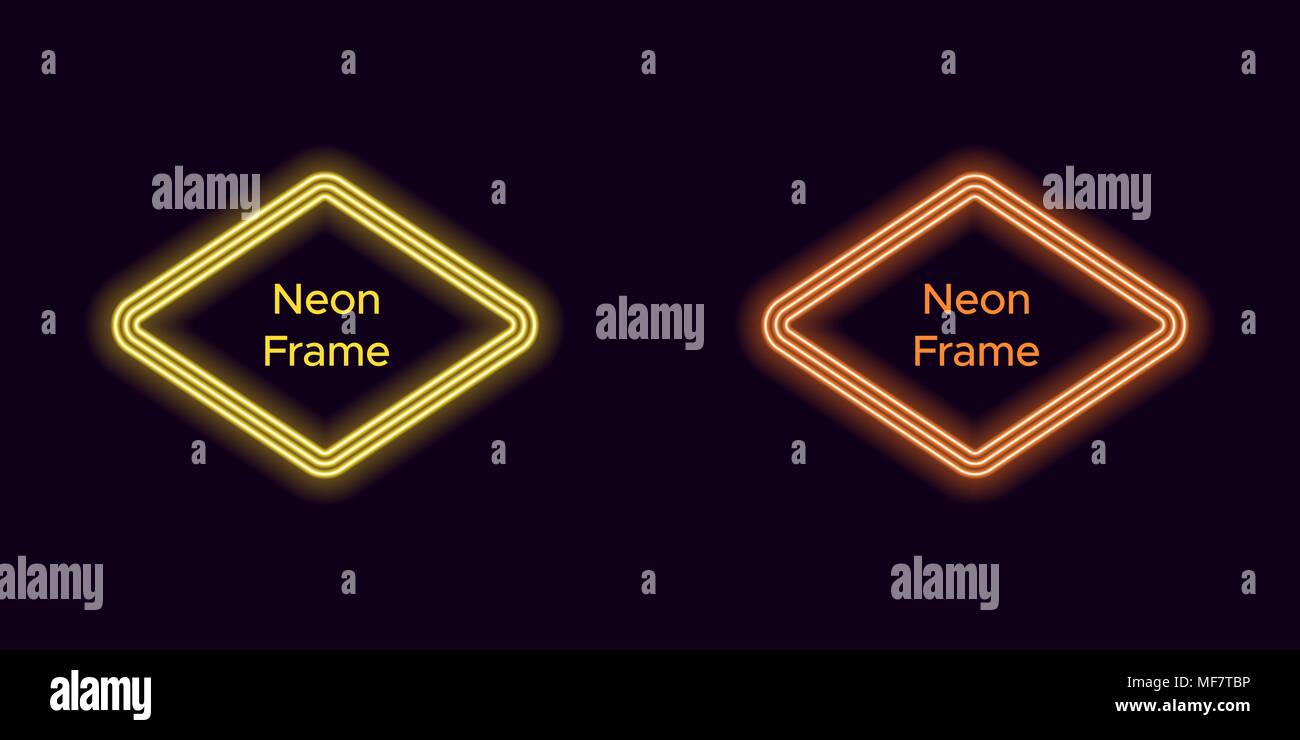 Neon rhombus frame in yellow and orange color. Vector template of neon ...