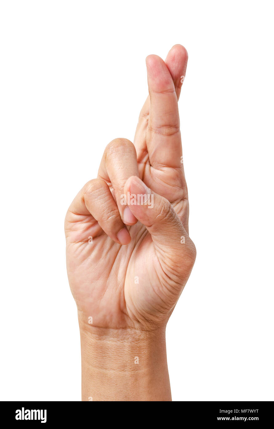 Hand with crossed fingers isolated on white background, Save clipping ...