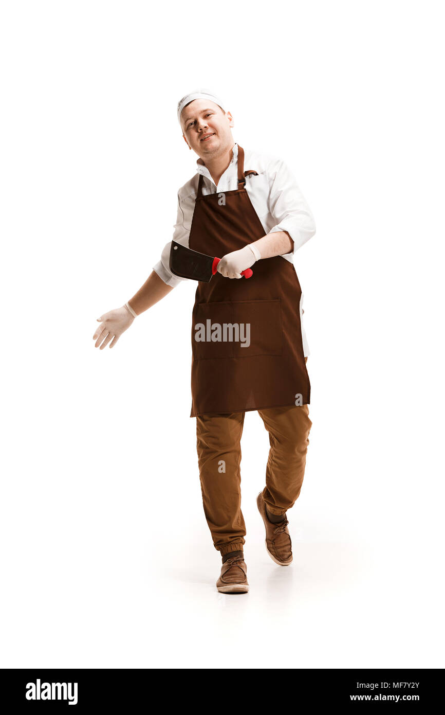 Smiling butcher posing isolated on white background Stock Photo - Alamy
