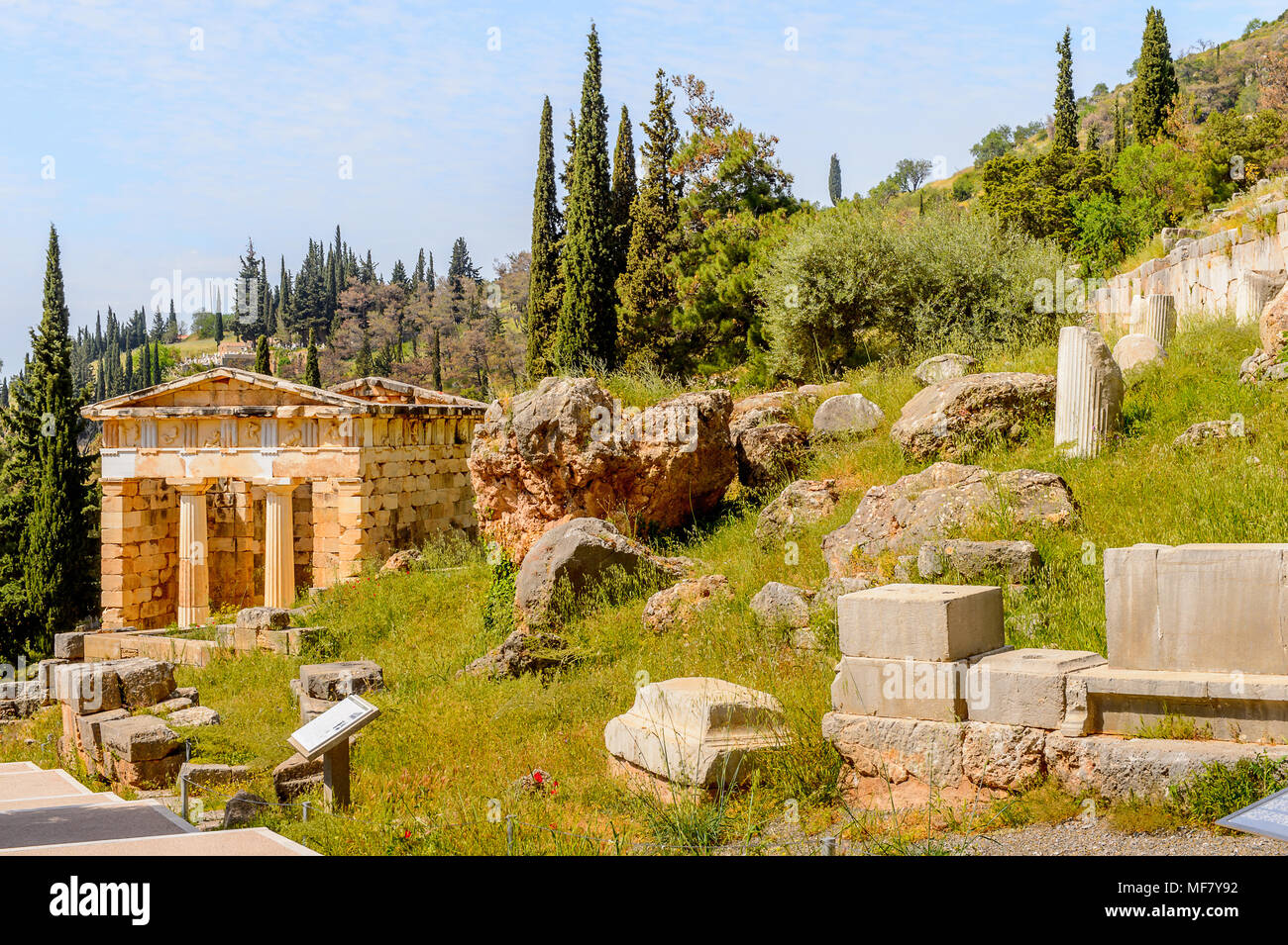 Athenian Treasury in Delphi, an archaeological site in Greece, at the ...