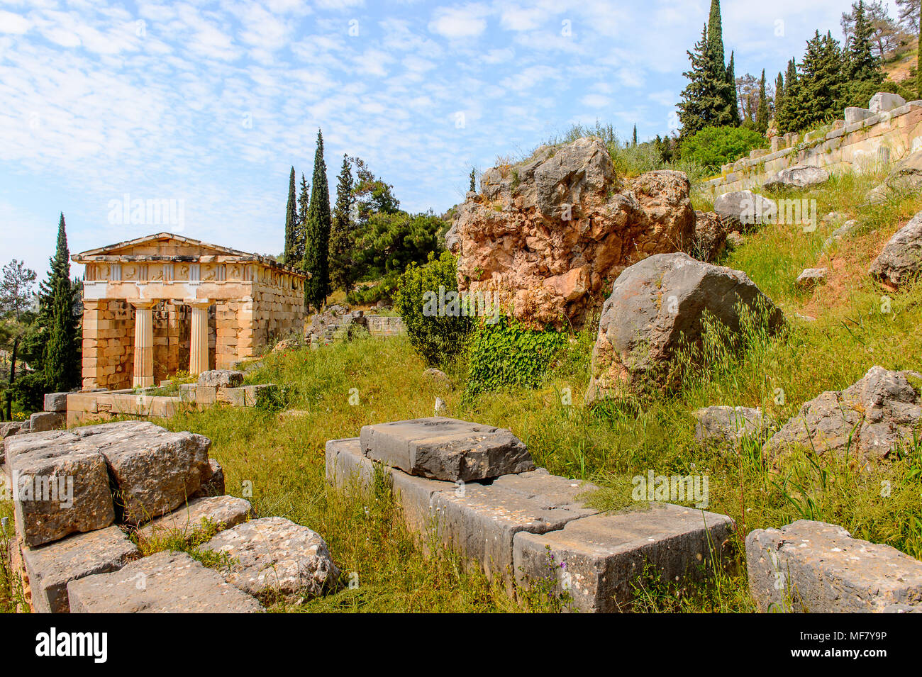 Athenian Treasury in Delphi, an archaeological site in Greece, at the ...