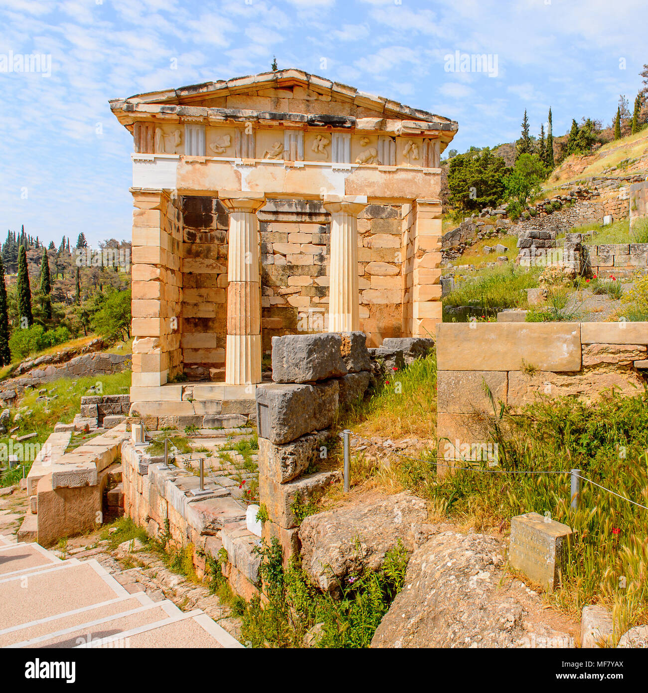 Athenian Treasury in Delphi, an archaeological site in Greece, at the ...