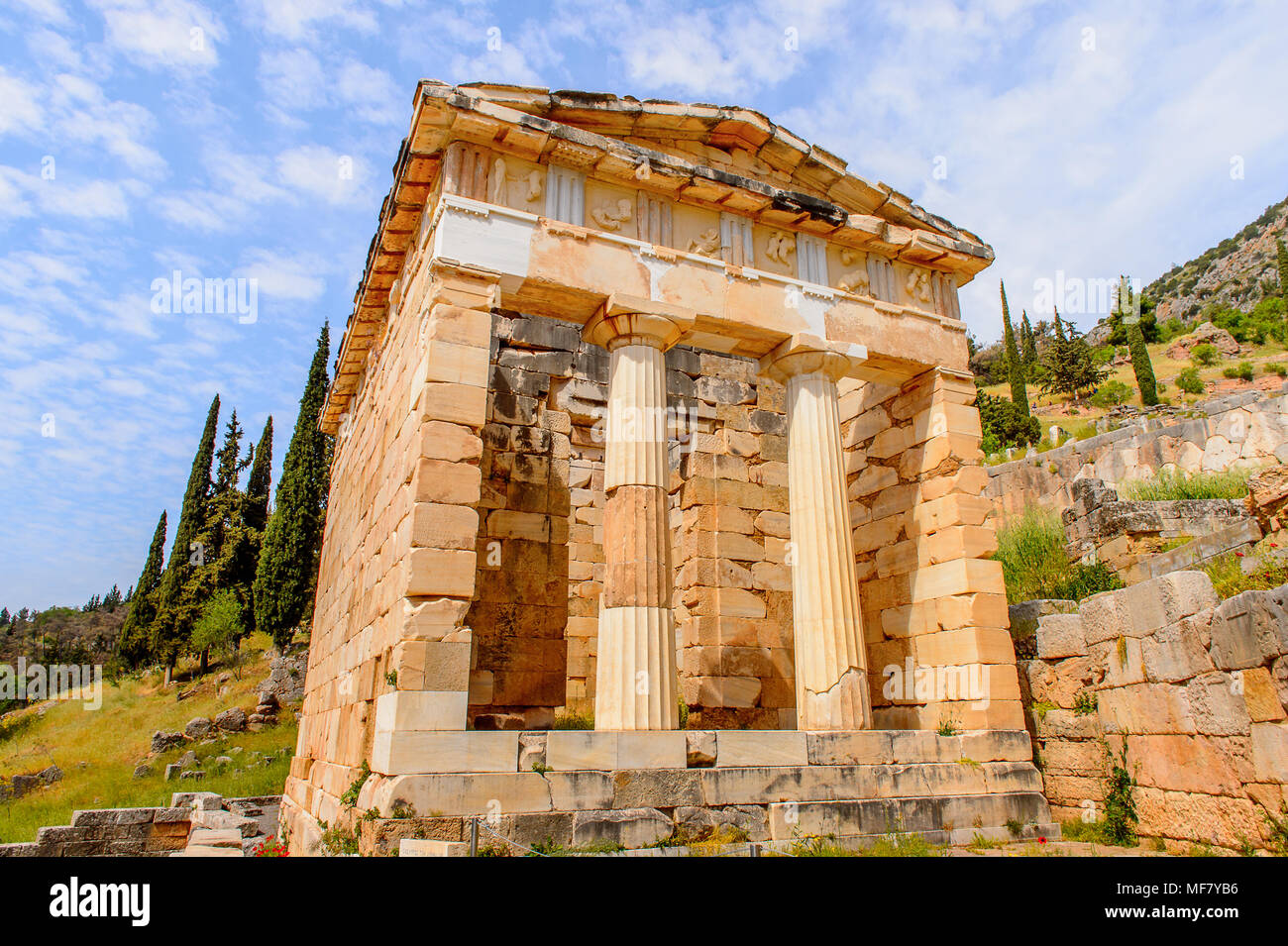 Athenian Treasury in Delphi, an archaeological site in Greece, at the ...