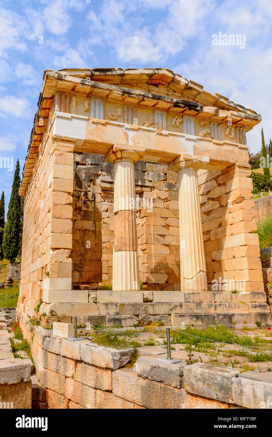 Athenian Treasury in Delphi, an archaeological site in Greece, at the ...