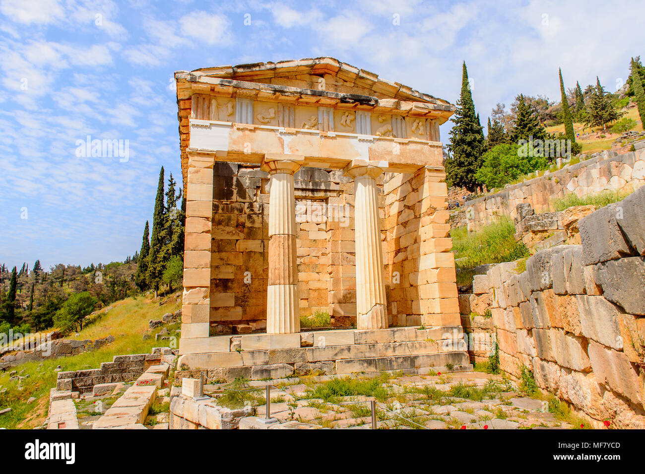 Athenian Treasury in Delphi, an archaeological site in Greece, at the ...