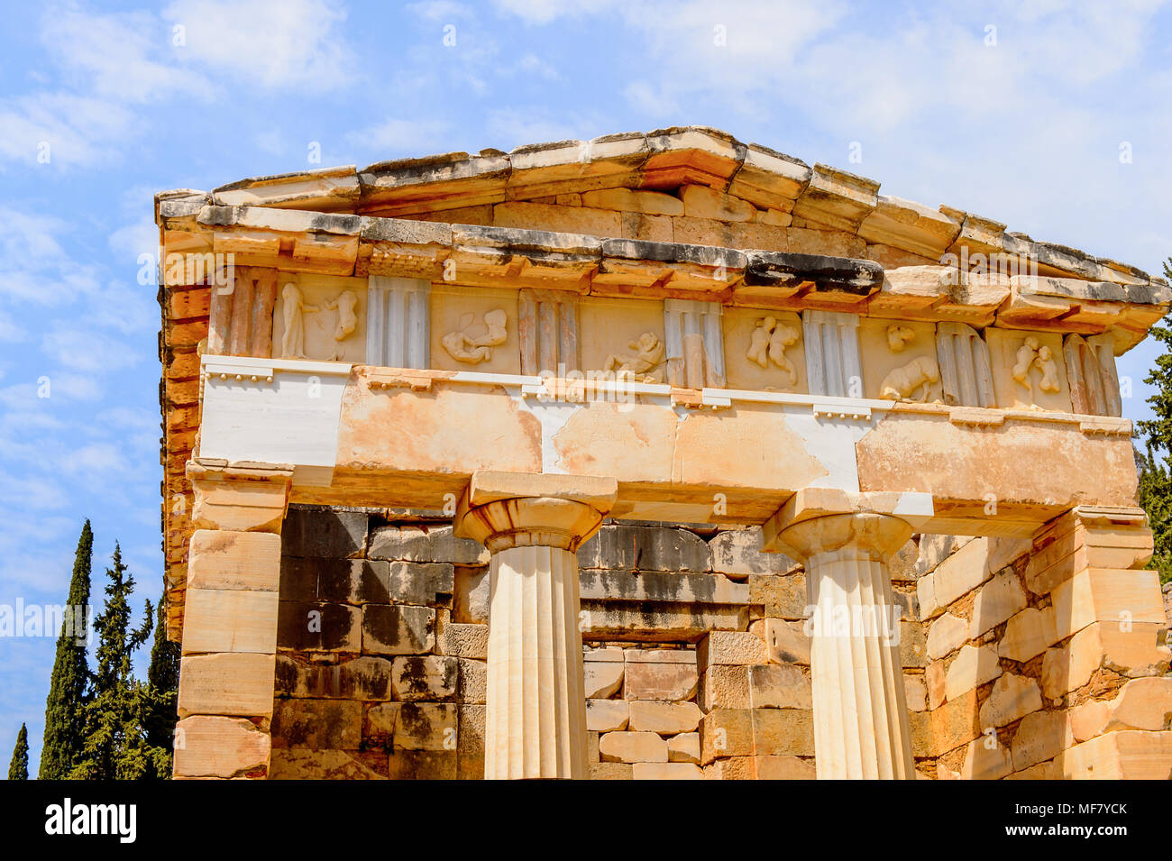 Athenian Treasury in Delphi, an archaeological site in Greece, at the ...