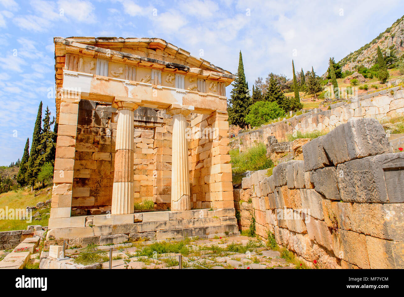 Athenian Treasury in Delphi, an archaeological site in Greece, at the ...