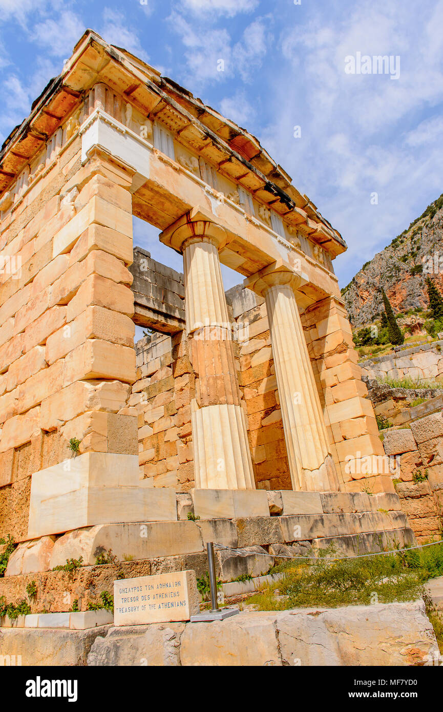 Athenian Treasury in Delphi, an archaeological site in Greece, at the ...