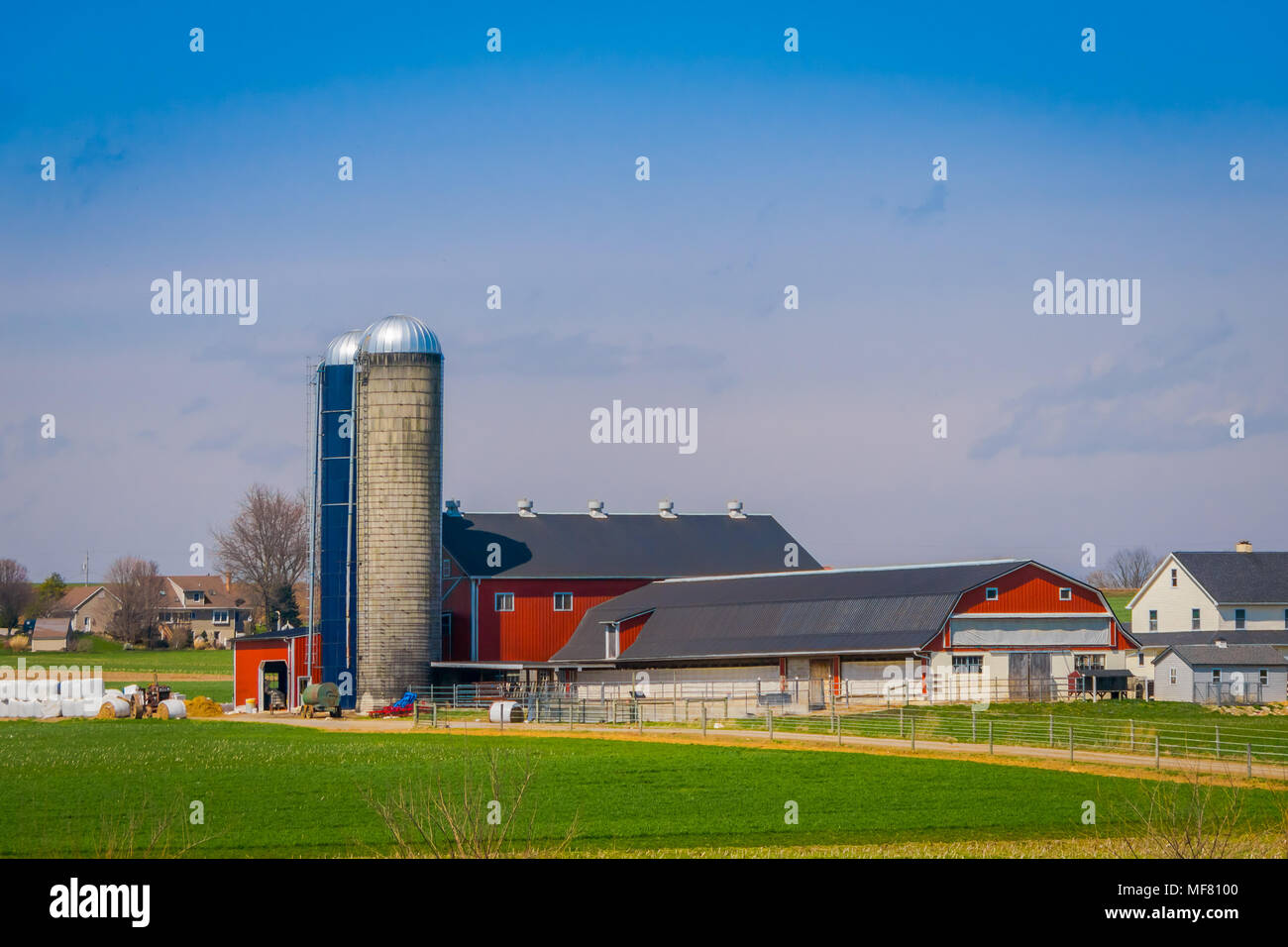 Outdoor view of huge structures located in farm barn field agriculture ...