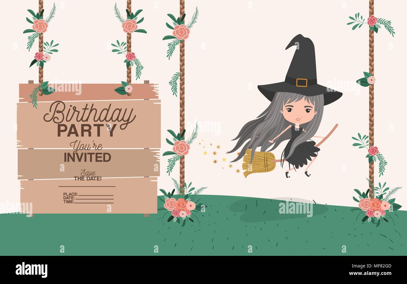 witch flying with wooden label invitation card vector illustration ...