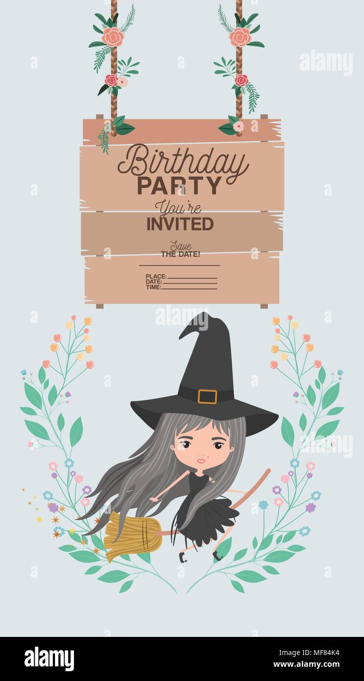 witch flying with wooden label invitation card vector illustration ...