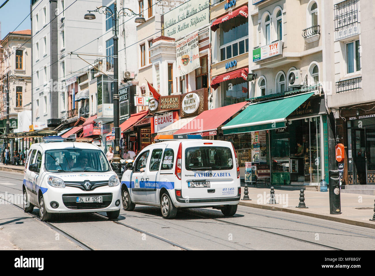Editorial image of two Fatih district police cars blocking the street ...