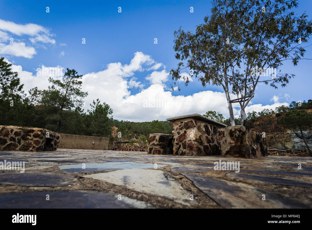 Tables and seats of stones with the forest Stock Photo - Alamy