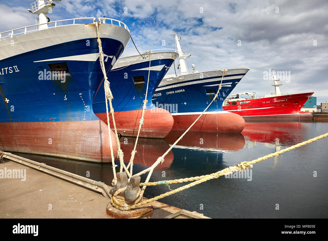 Taits 11, Challenge, Chris Andra and Virtuous pelagic fishing vessels, moored up at Fraserburgh ...