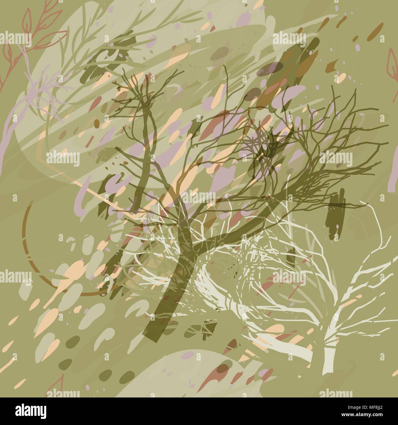 Military camouflage texture with trees, branches, grass and watercolor ...