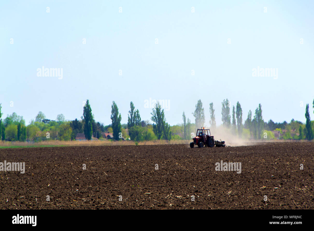 Sowing a field with a tractor. Agriculture tractor sowing seeds and ...