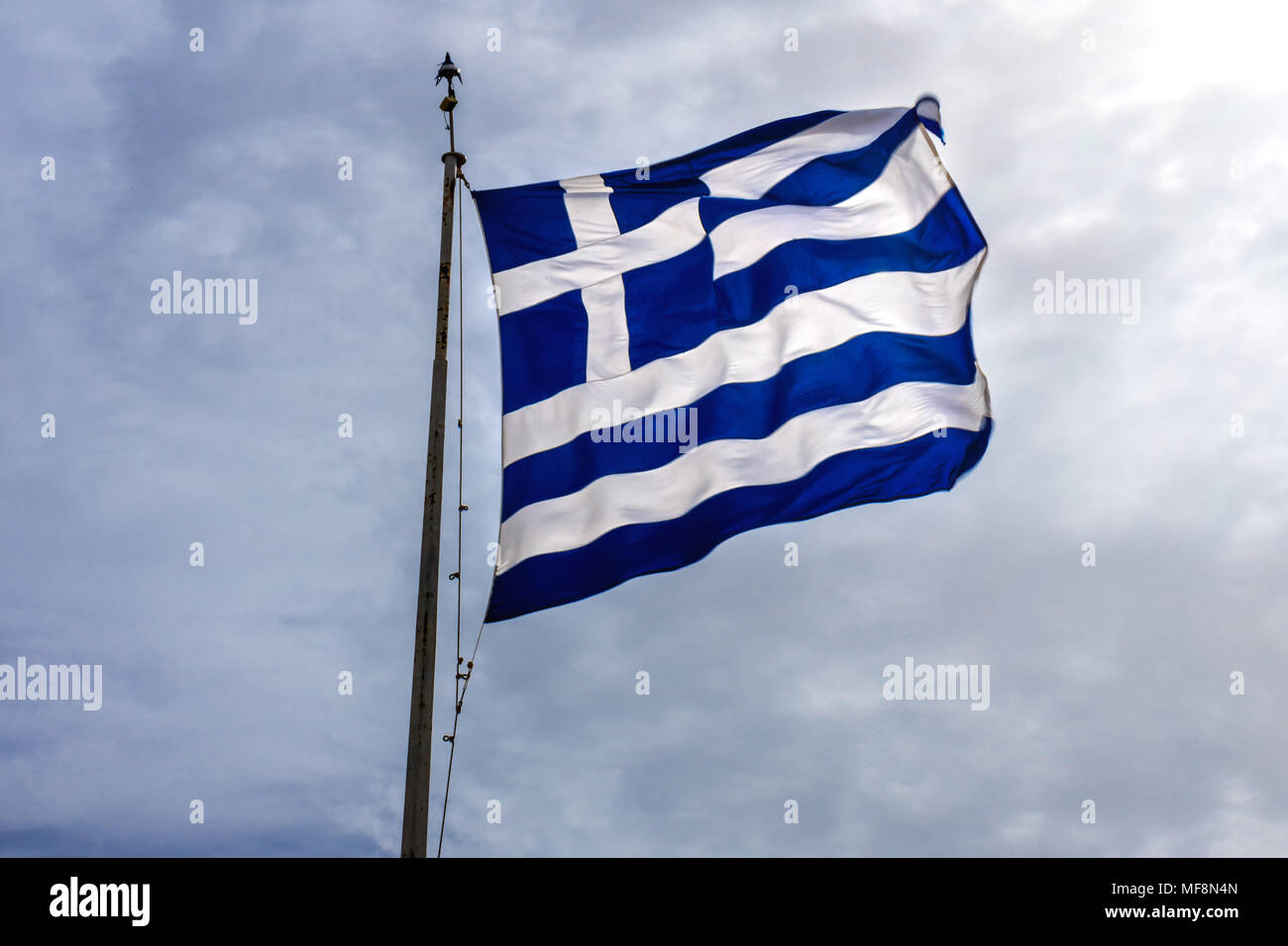 Blue White Greek Flag Summit Acropolis Athens Greece. Cross symbolizes ...