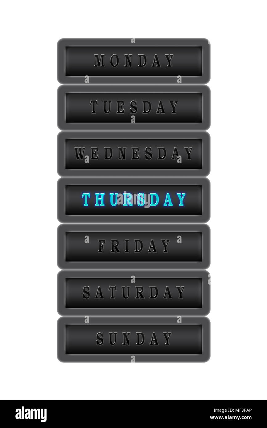 In the days of the week list, Thursday is highlighted in blue on a dark ...