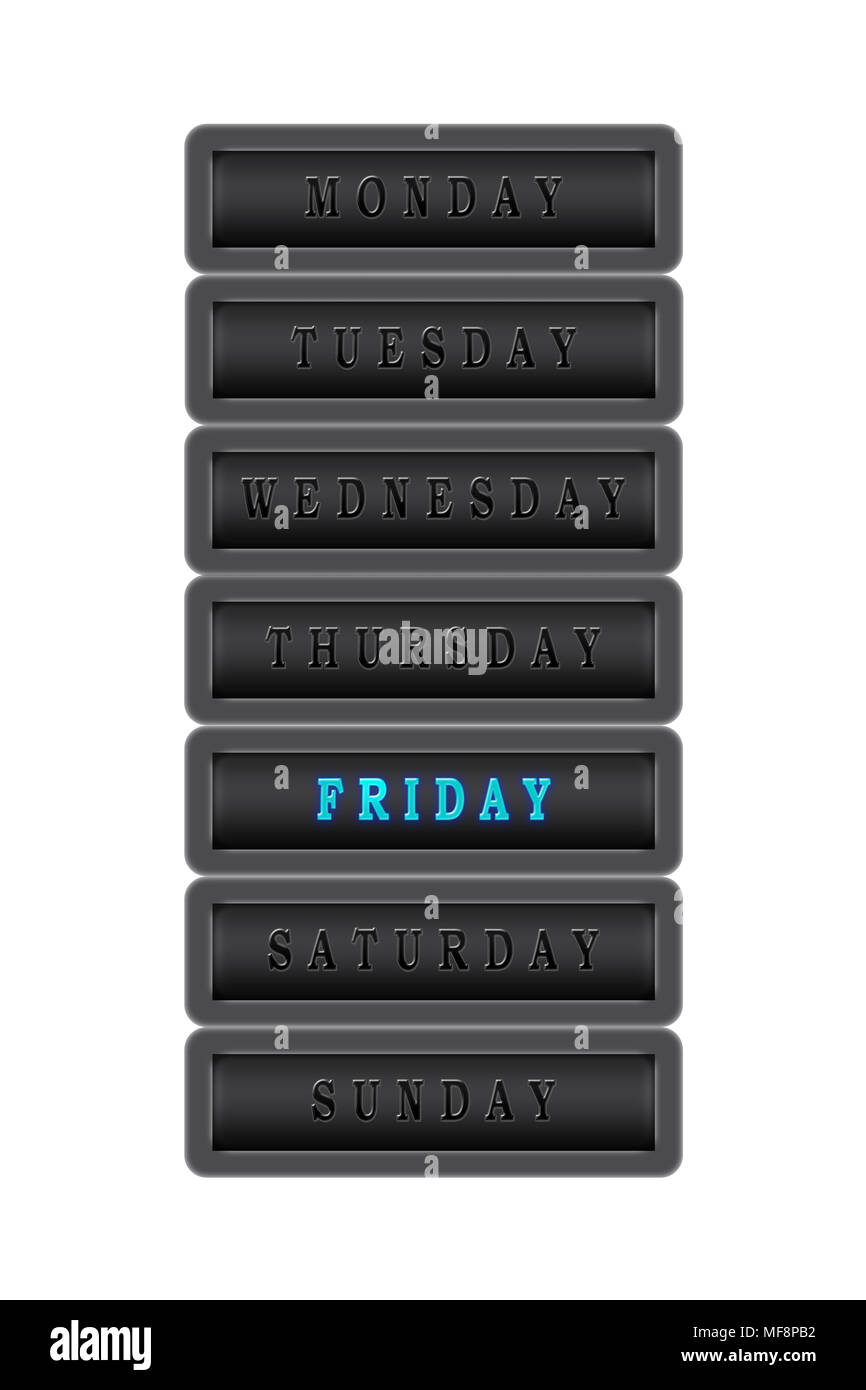 Among the list of days of the week Friday is highlighted in blue on a ...