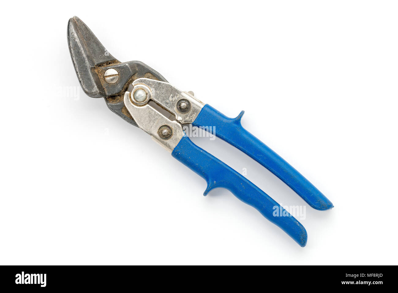 old blue tin snips, isolated on white Stock Photo - Alamy