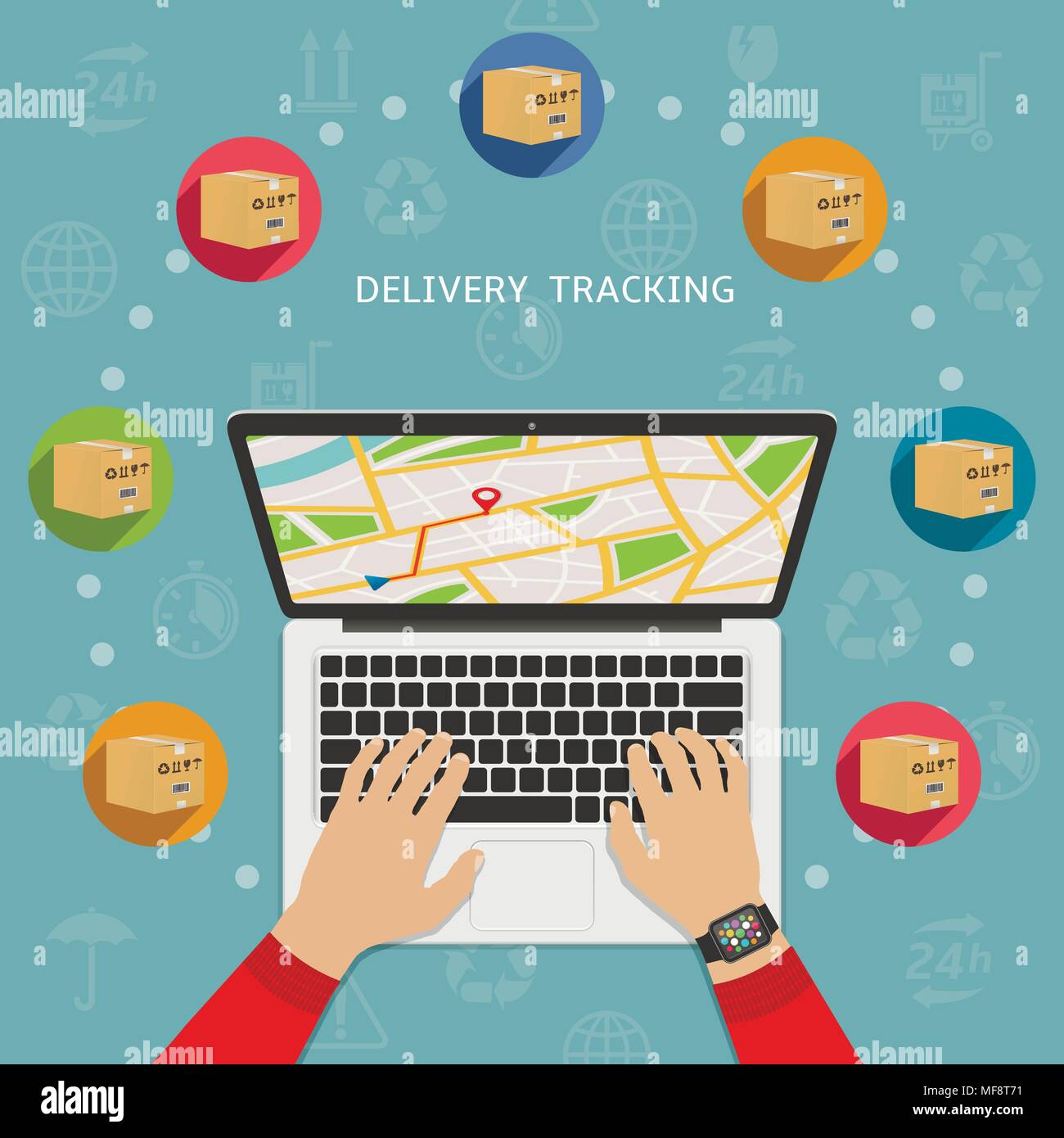 Shipping parcel tracking order flat design concept. A person keeps ...