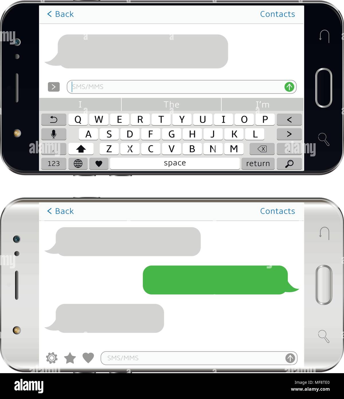 Smart phones with sms chat on screens. Horizontal phone positions ...