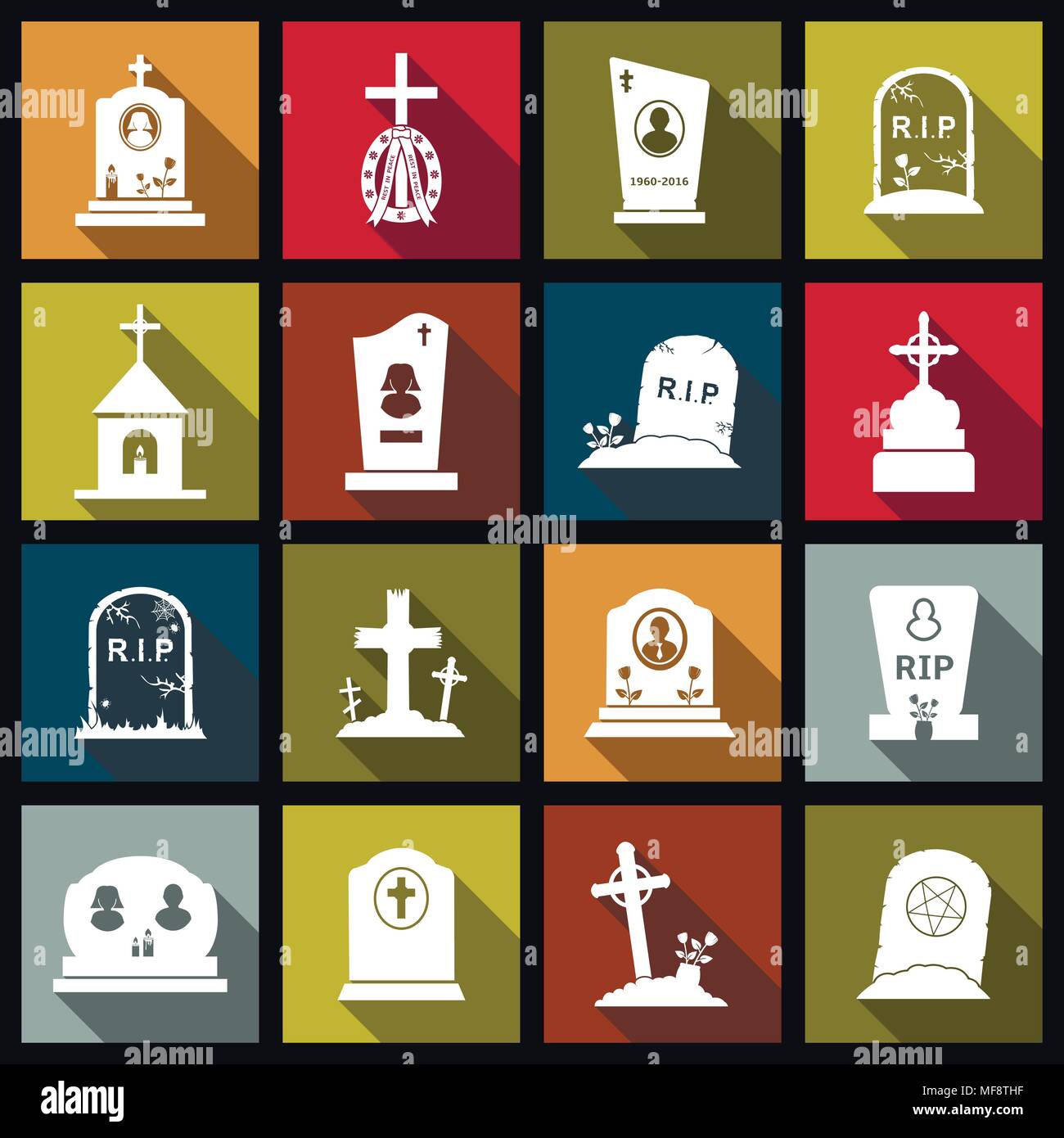 Cemetery crosses, tombstones and gravestones flat design icons set. Vector illustration Stock ...