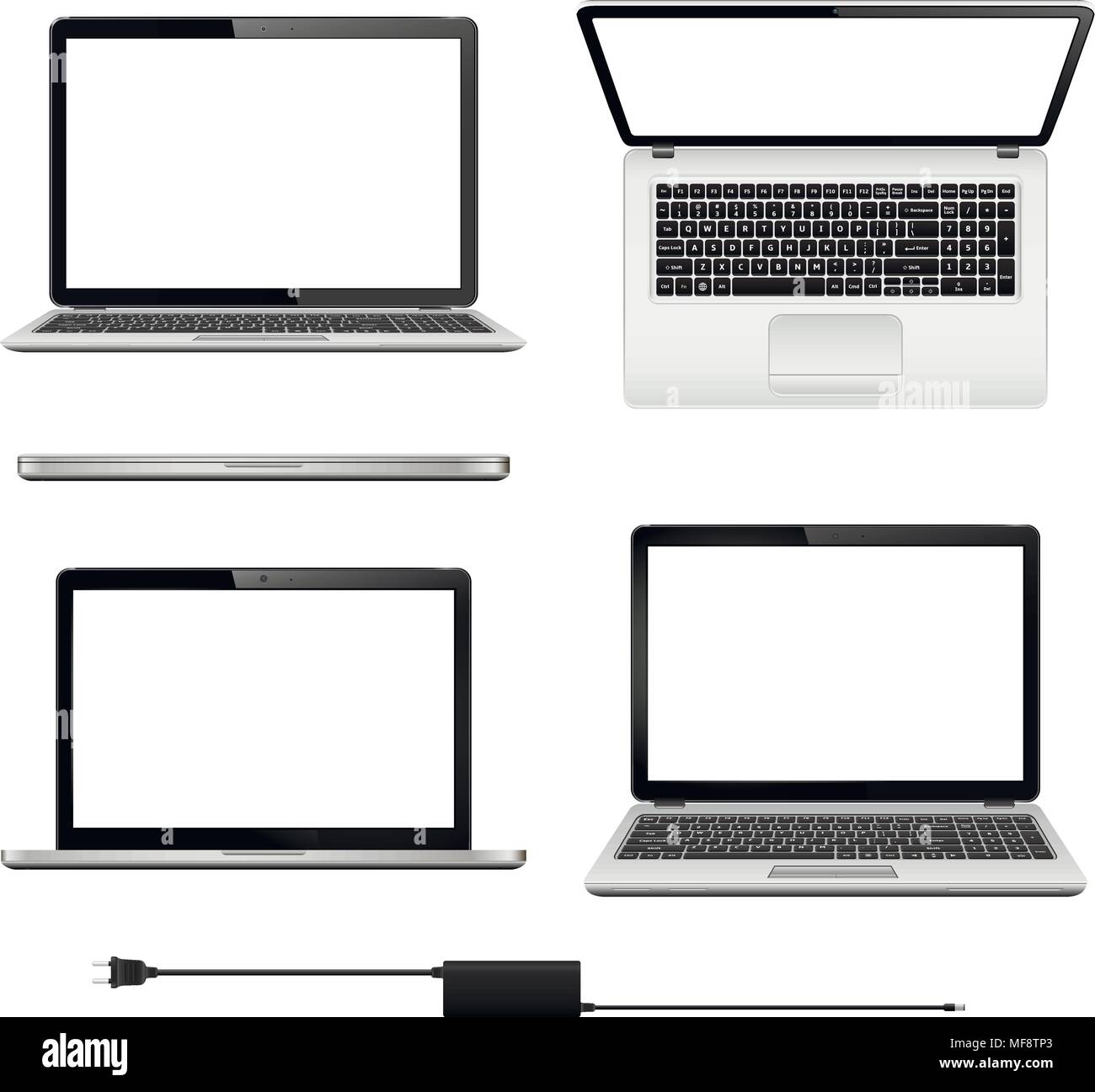 Set of laptops in different positions. Laptop with blank screen ...