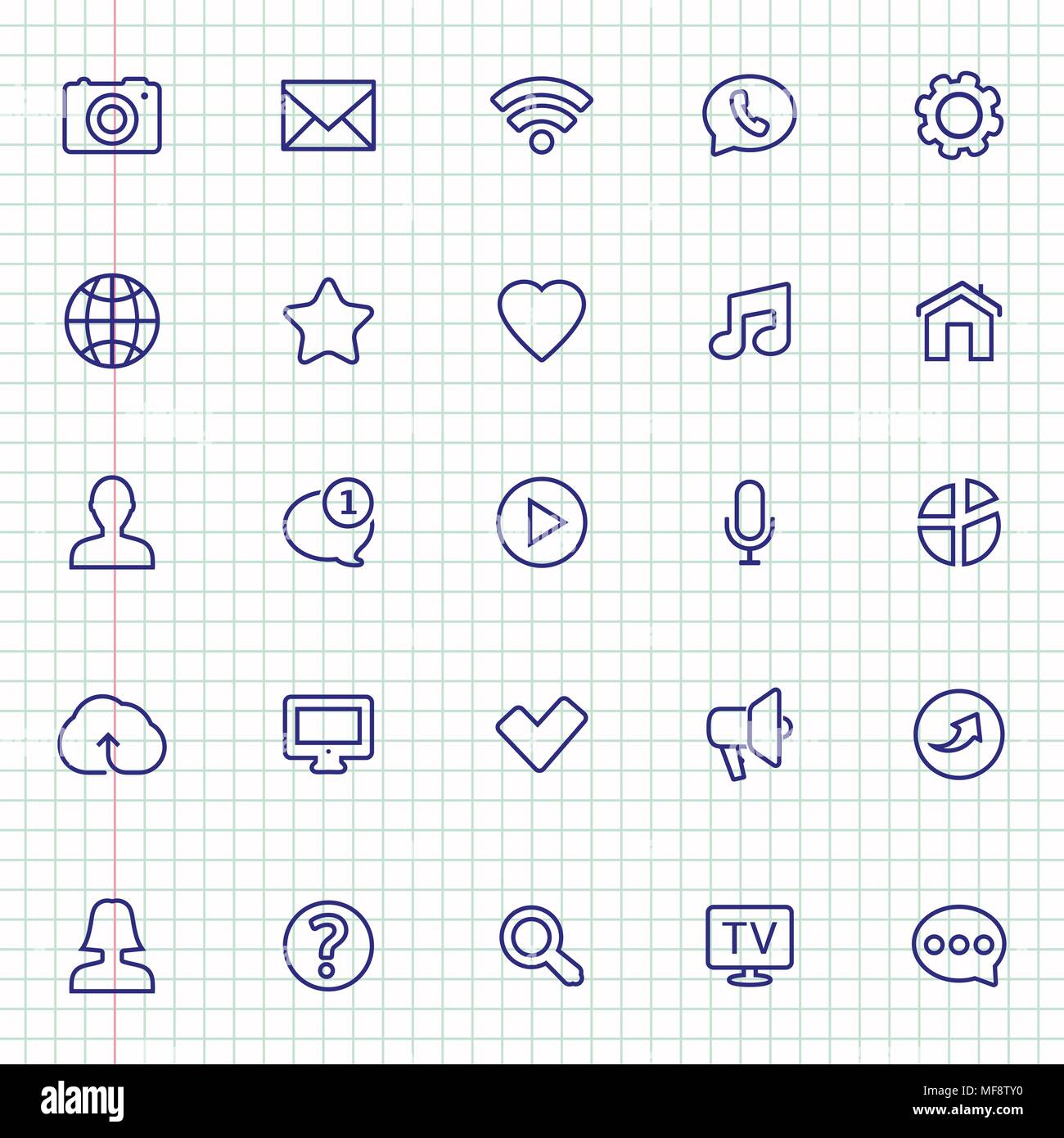 Contact and communication icons on notebook sheet. Vector illustration ...