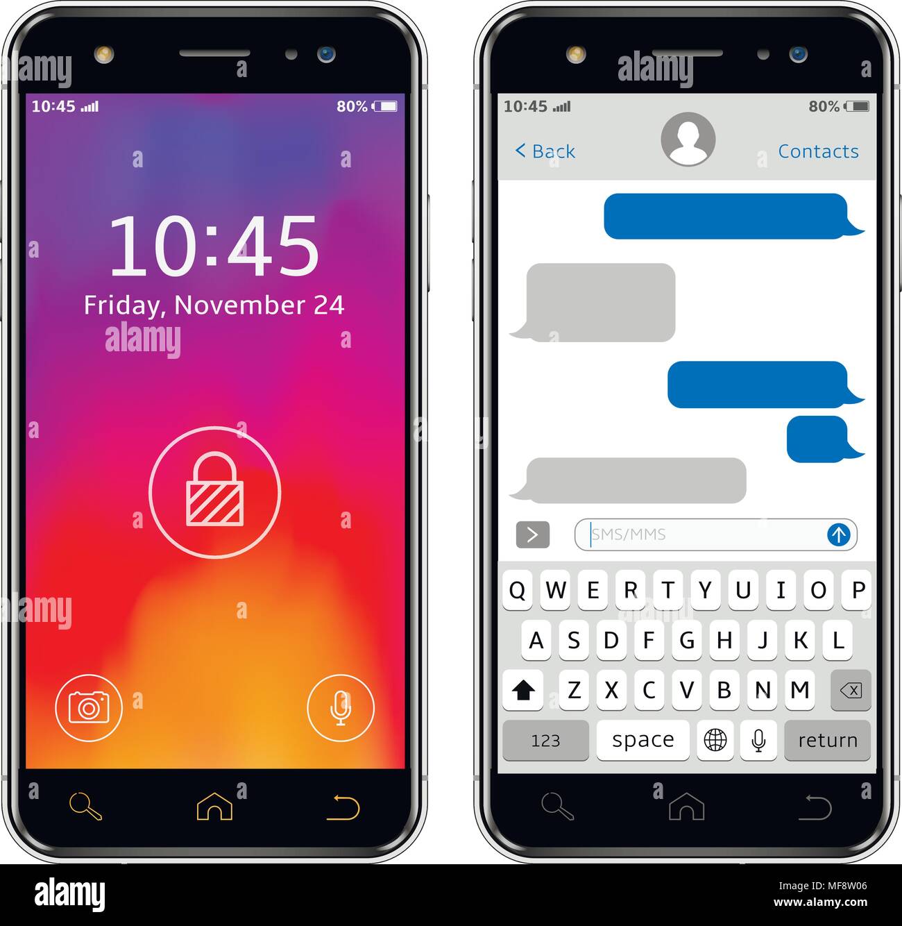 Mobile phones with lock screen and chatting sms app template. Isolated ...