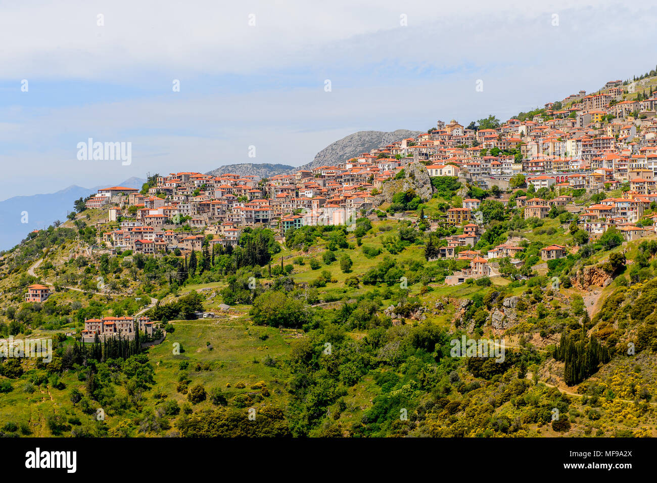 Aerial view of Arachova, Greece. A village on the green slopes of ...