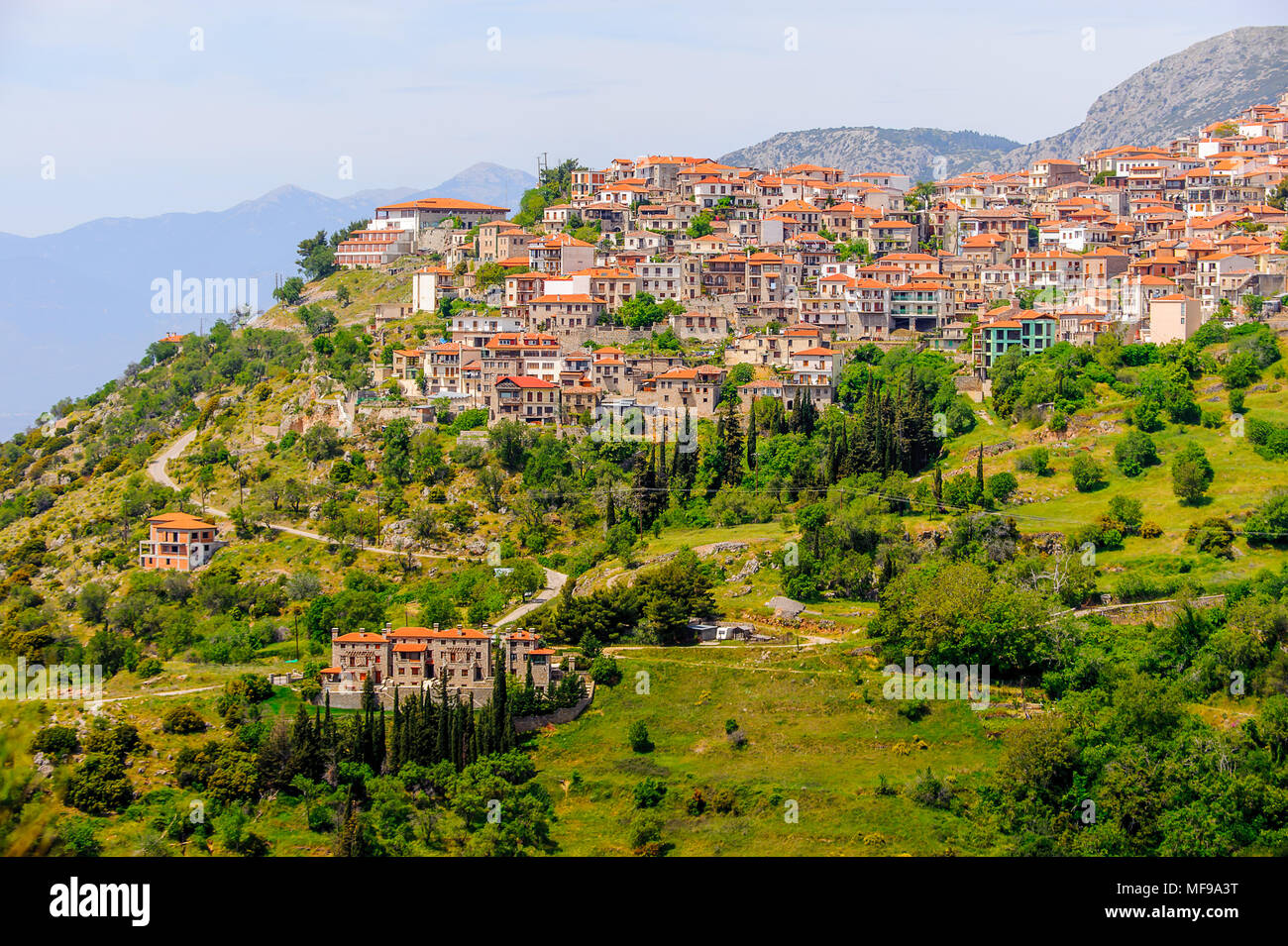 Aerial view of Arachova, Greece. A village on the green slopes of ...
