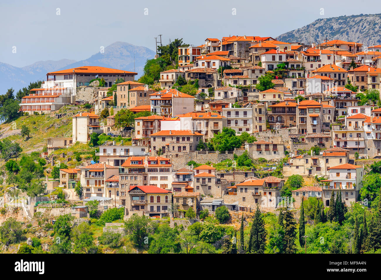 Aerial view of Arachova, Greece. A village on the green slopes of ...