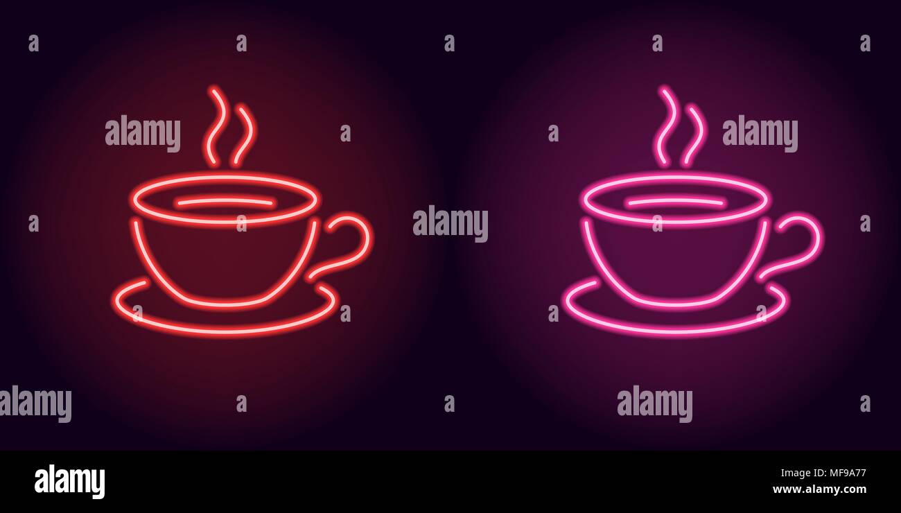 Neon cup and saucer in red and pink color. Vector illustration of Cup ...