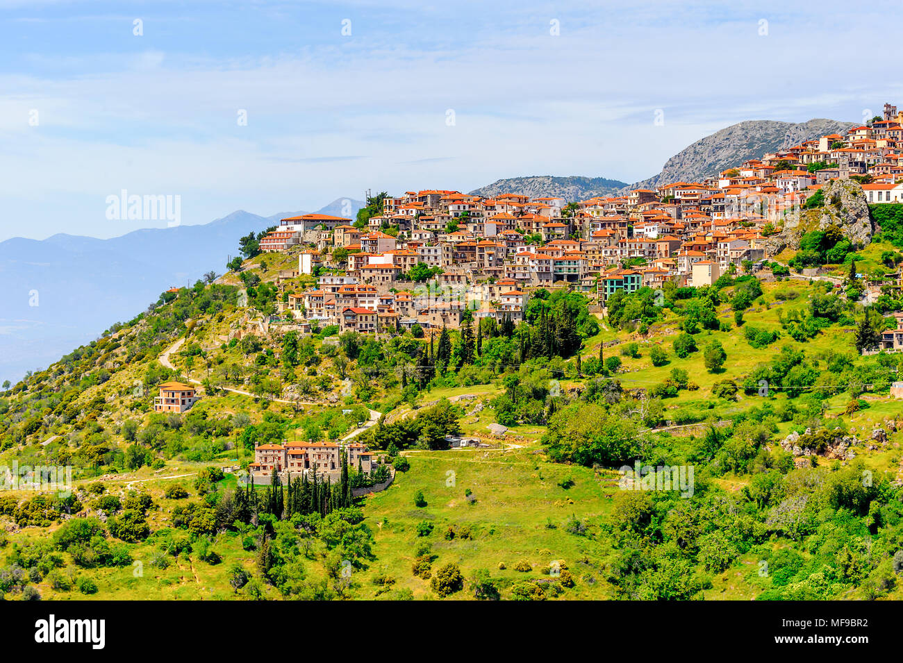 Aerial panoramic view of Arachova, Greece. A village on the green ...