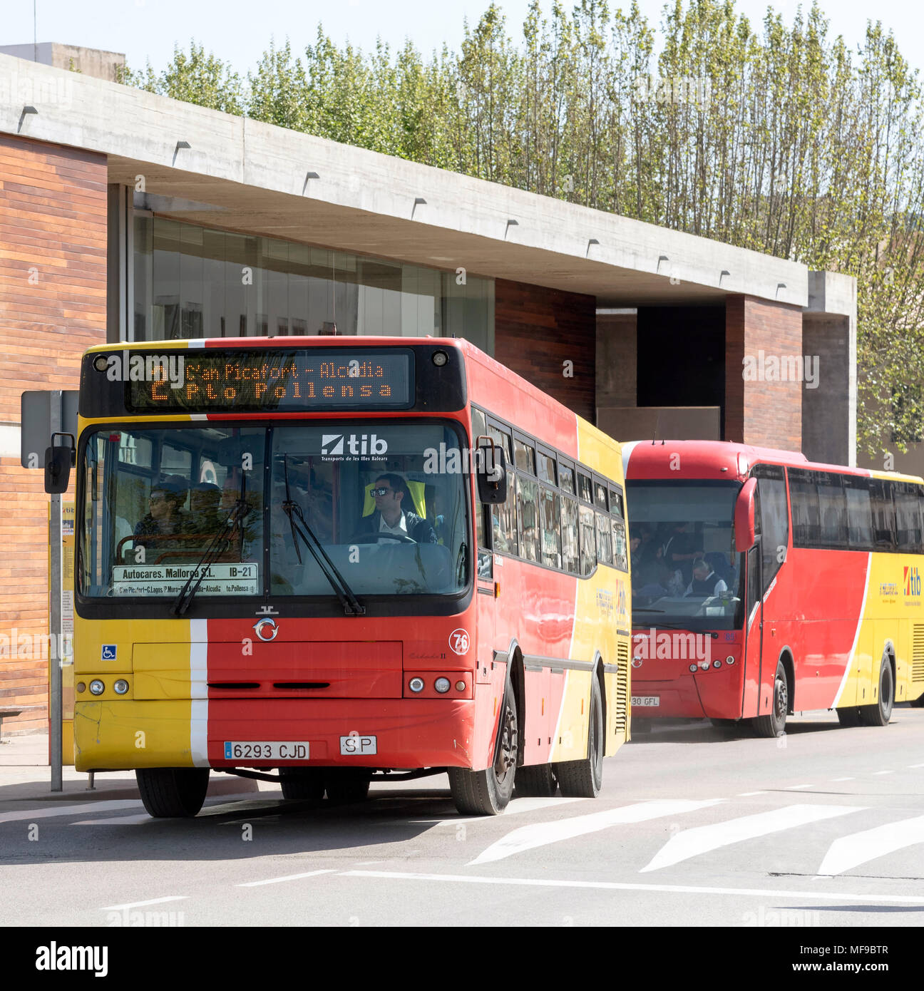 Alcudia, Majorca, Balaelric Ilands, Spain. 2018. Local buses departing ...